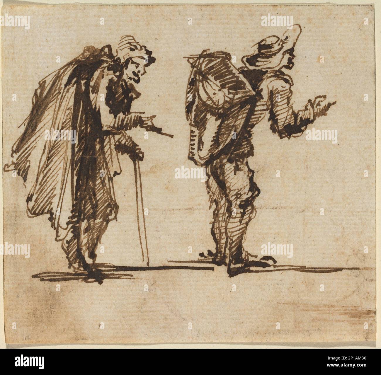 An Old Man with a Cape and a Rustic with a Backpack, 1750s Stock Photo ...