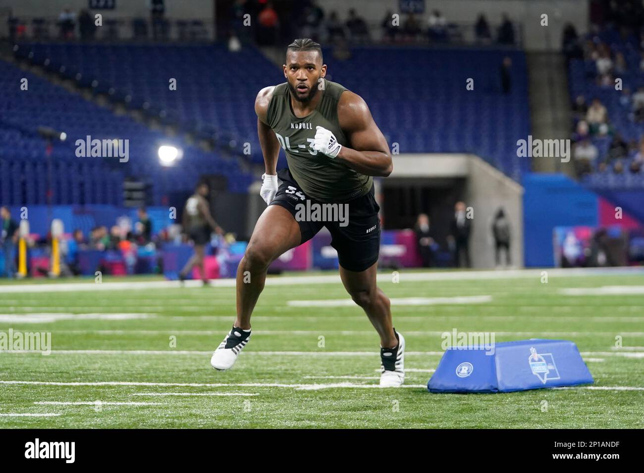 TCU defensive lineman Dylan Horton runs a drill at the NFL football ...