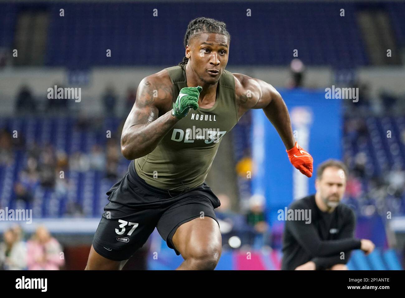 Florida A&M defensive lineman Isaiah Land runs a drill at the NFL ...