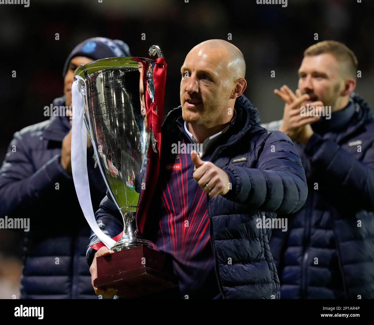 James Roby parades the World Club Championship trophy during half time ...