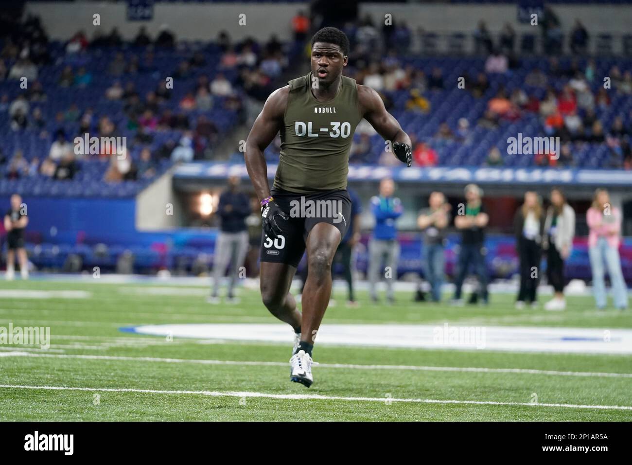 LSU defensive lineman Ali Gaye runs a drill at the NFL football ...