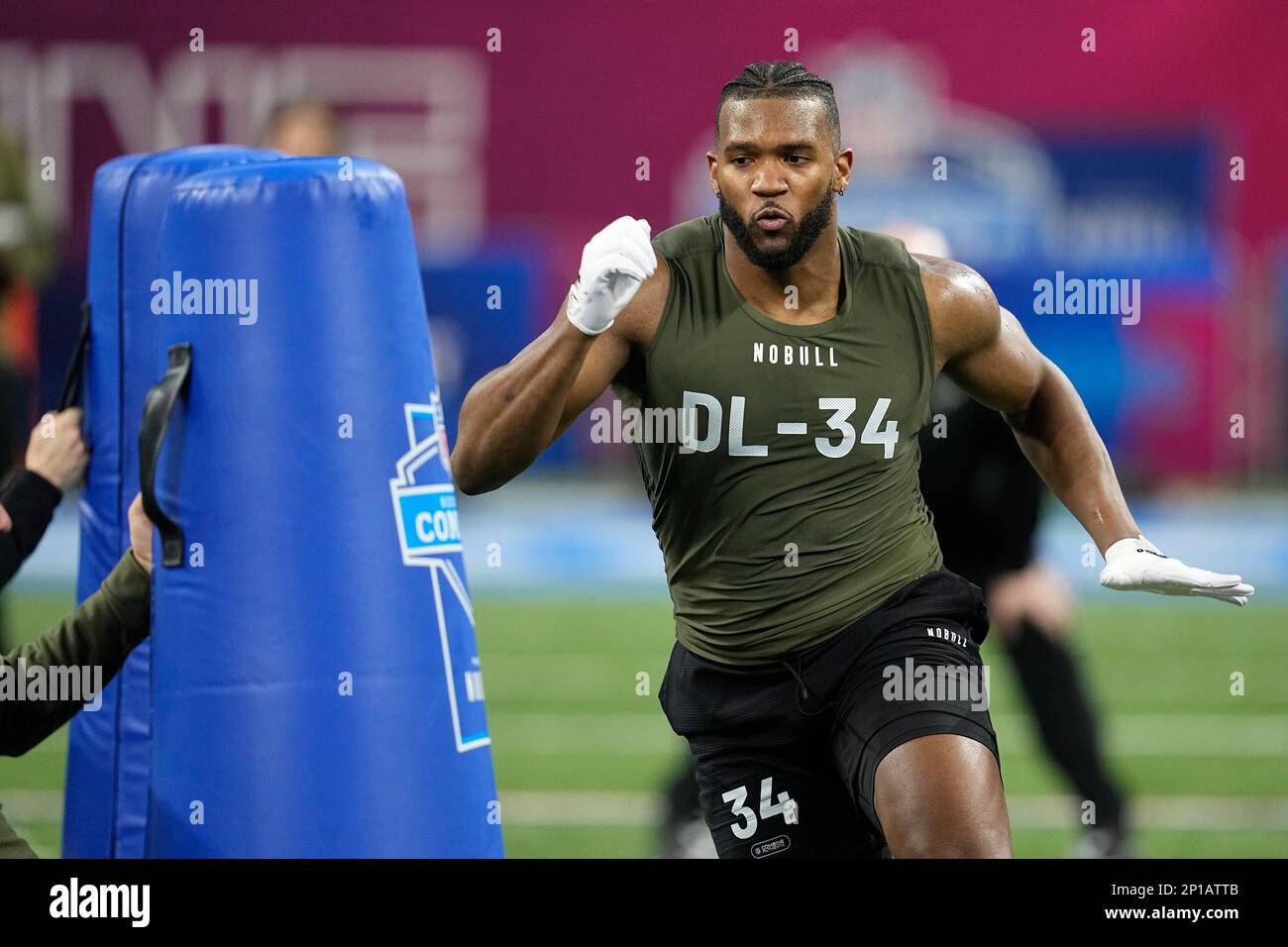 TCU defensive lineman Dylan Horton runs a drill at the NFL football ...