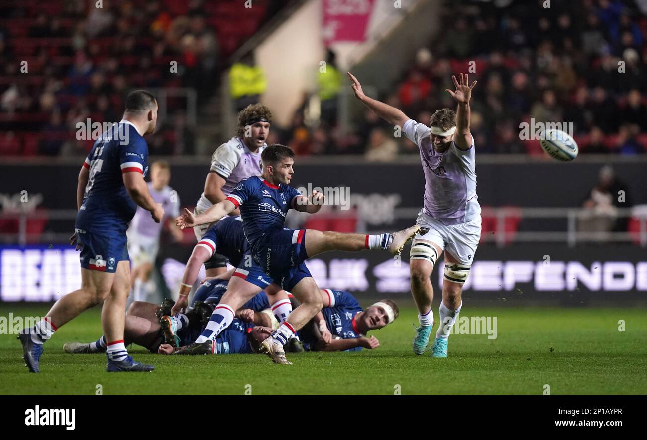 Bristol Bears' Harry Randall clears the ball during the Gallagher ...