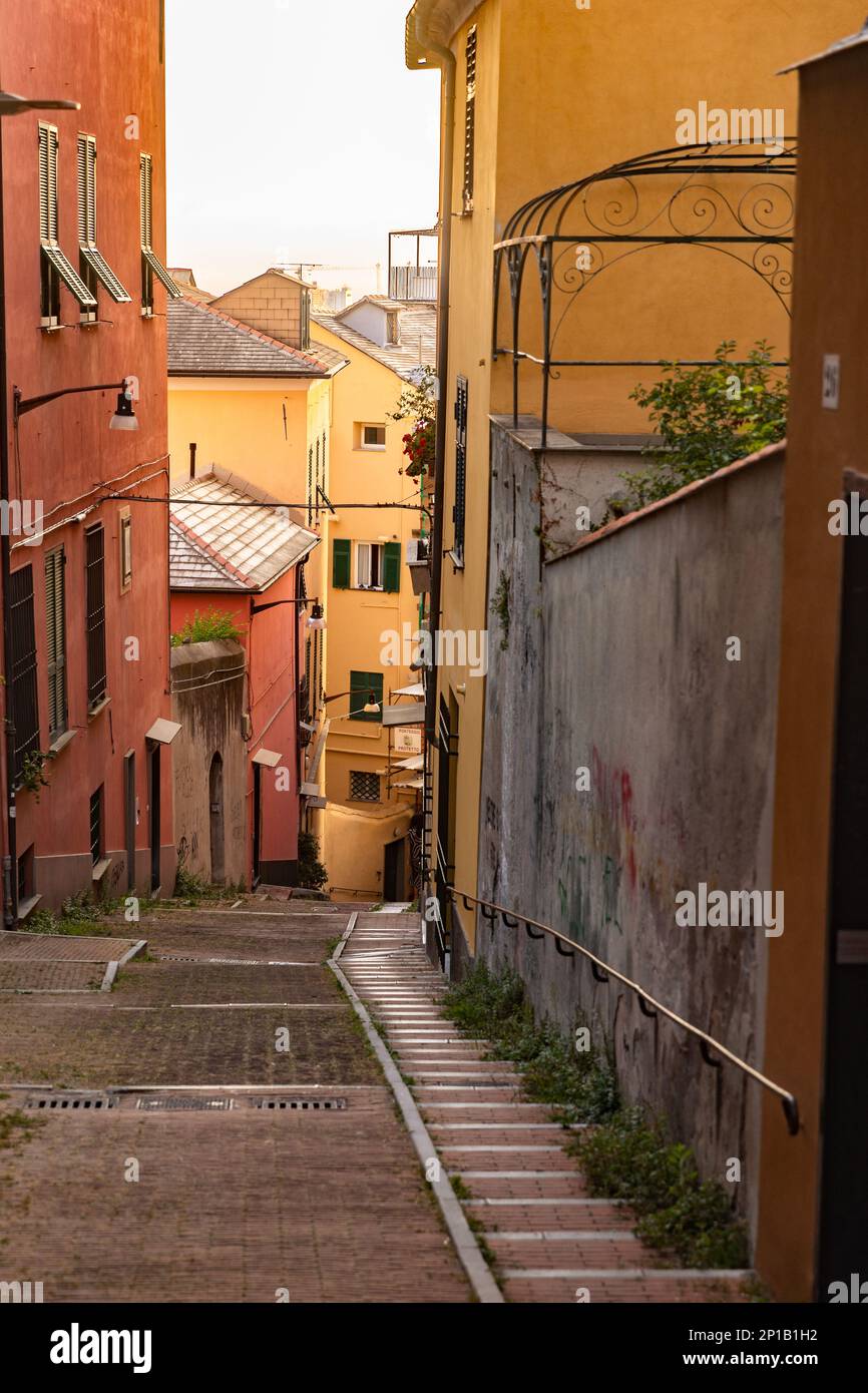 Old narrow side street in the old town of Genoa (Genova), Italy Stock ...