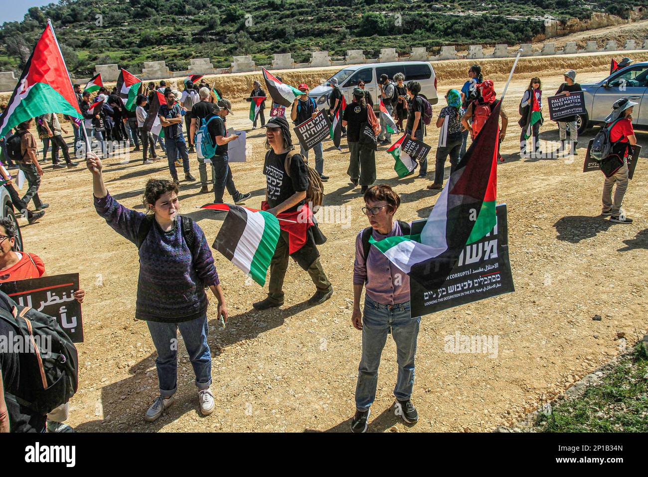 Israeli left-wing activists wave Palestinian flags and chant slogans to ...