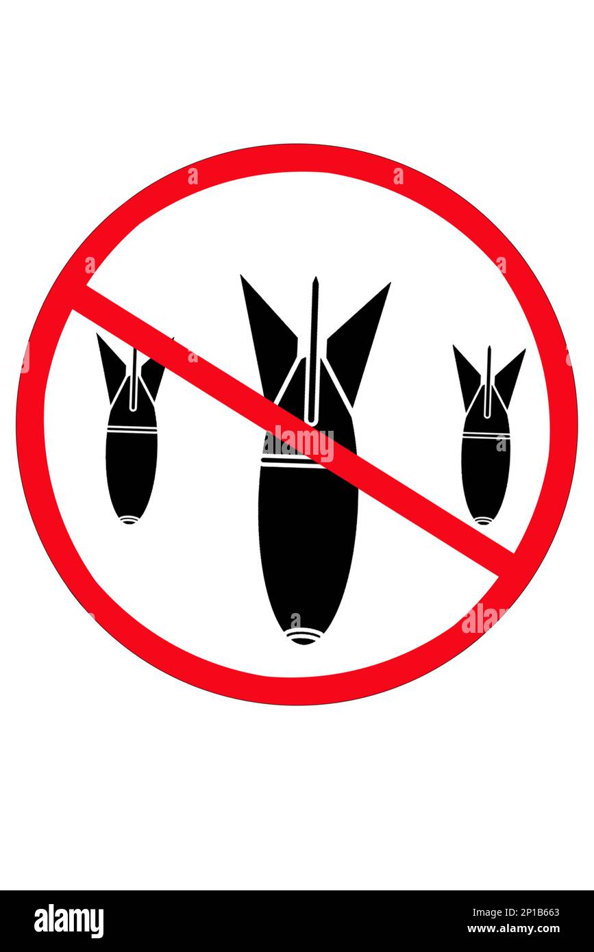 Big bombs simbol folling down with forbidding sign. Stop war, banner ...