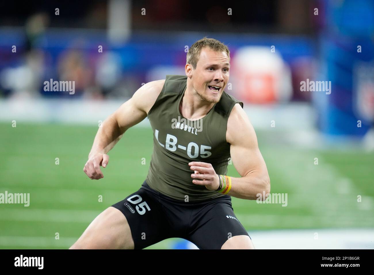 Iowa linebacker Jack Campbell runs a drill at the NFL football scouting ...