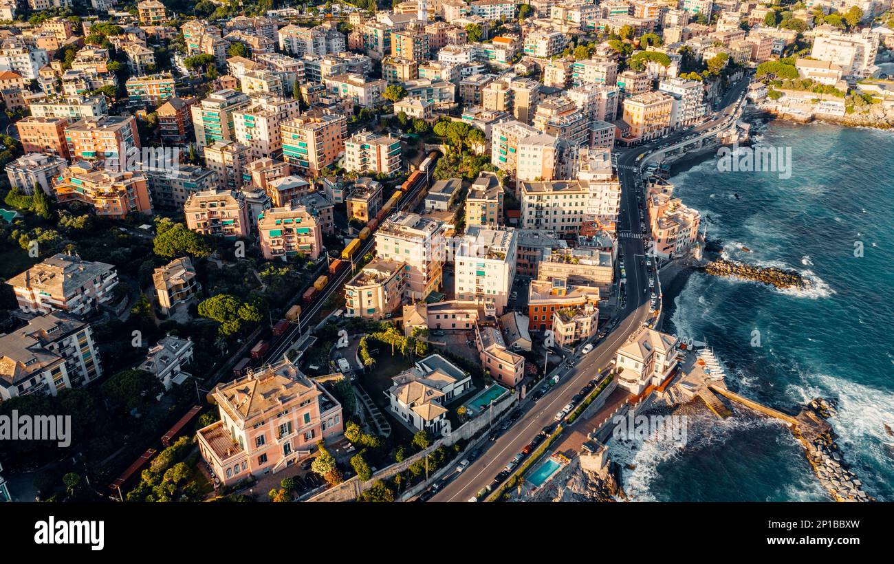 Aerial view over coast of Liguria, beach in Quarto dei Mille by Genova ...