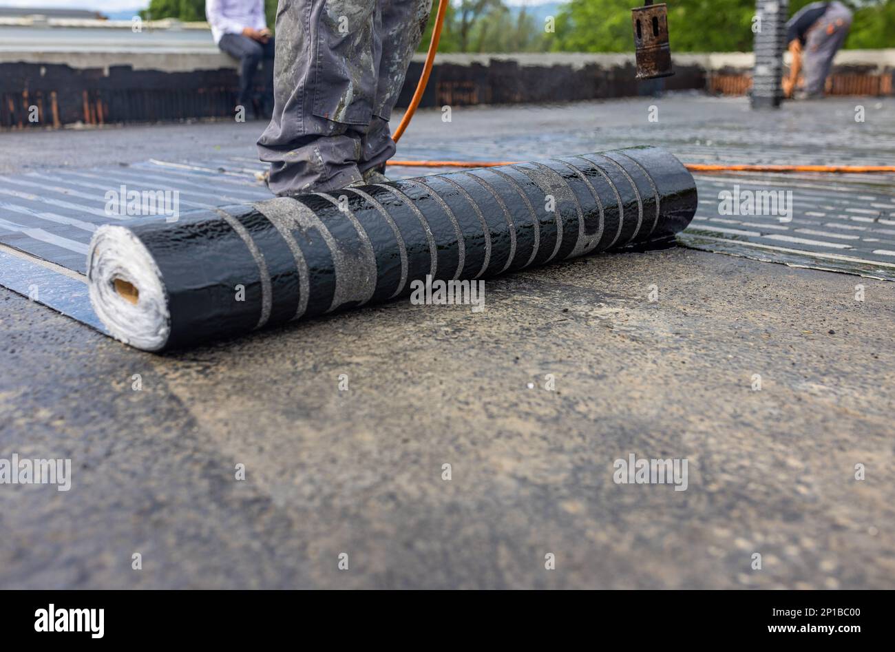 Bituminous membrane waterproofing system details and installation on flat rooftop Stock Photo ...