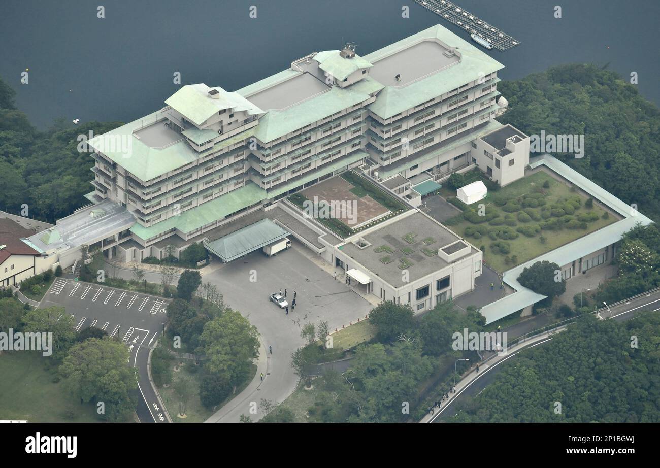 An aerial view shows Shima Kanko Hotel (C) , the summit main venue seen ...