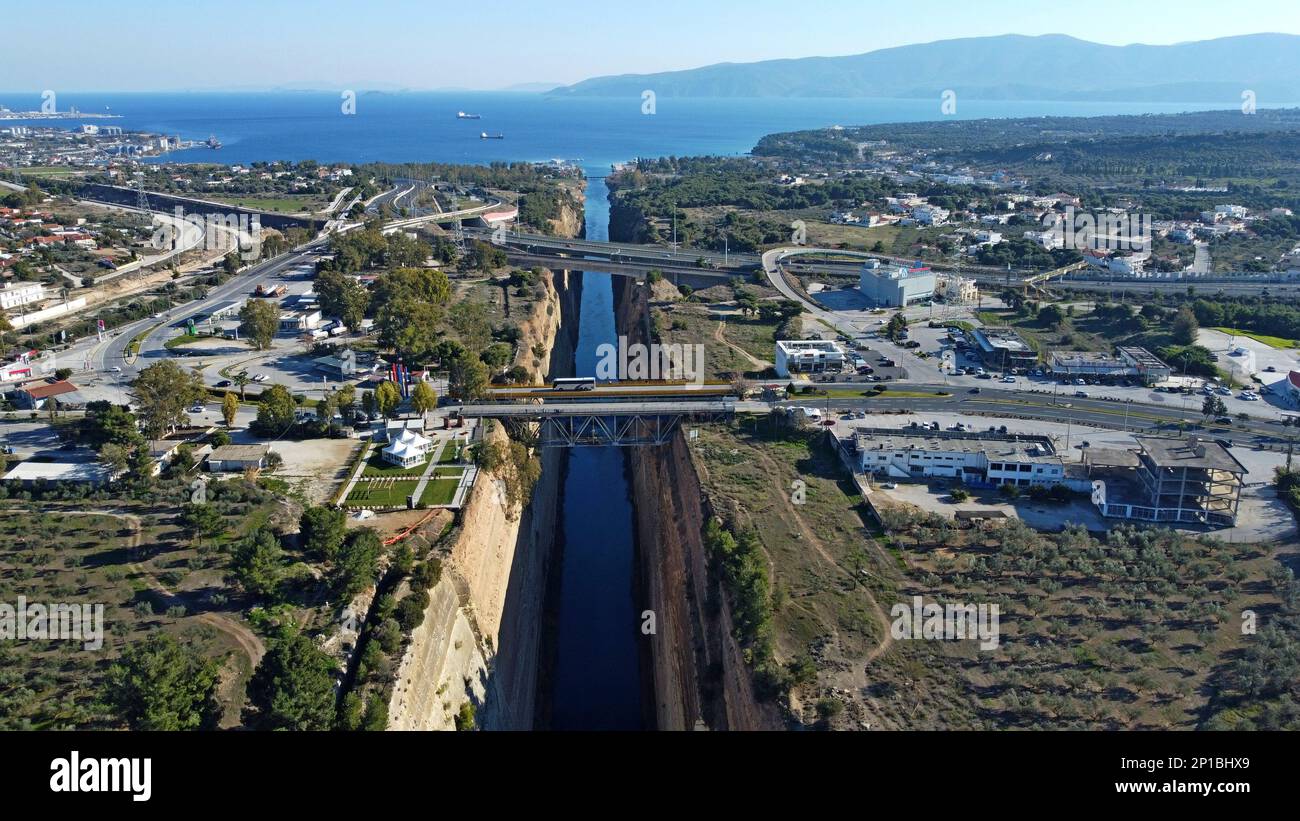 Road and railway bridges across the east end of the Corinth Canal at ...