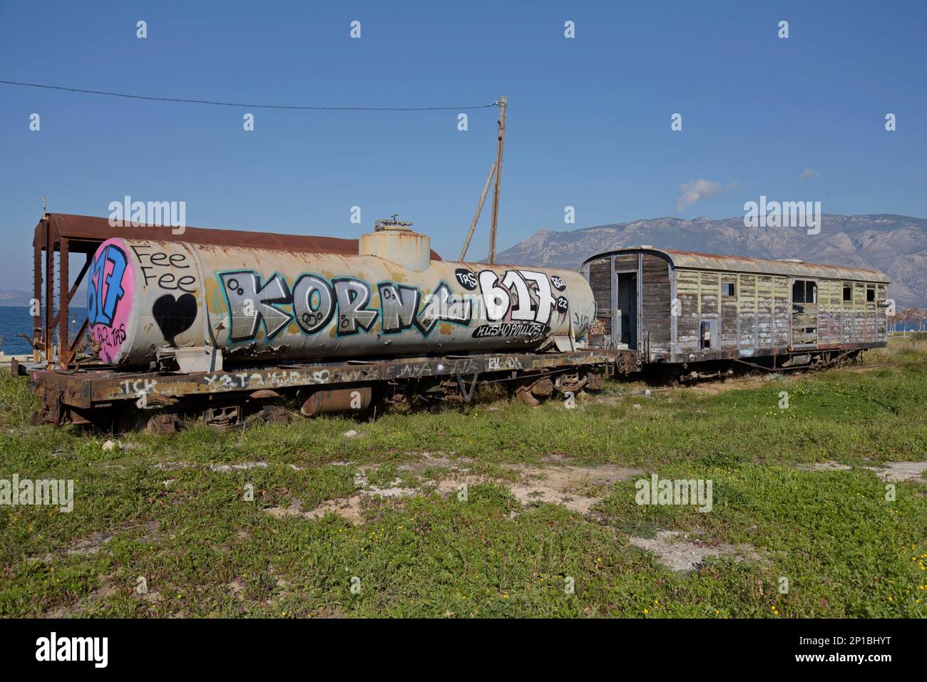 Abandoned and derelcit wagons at the disused Corinth railway station on ...