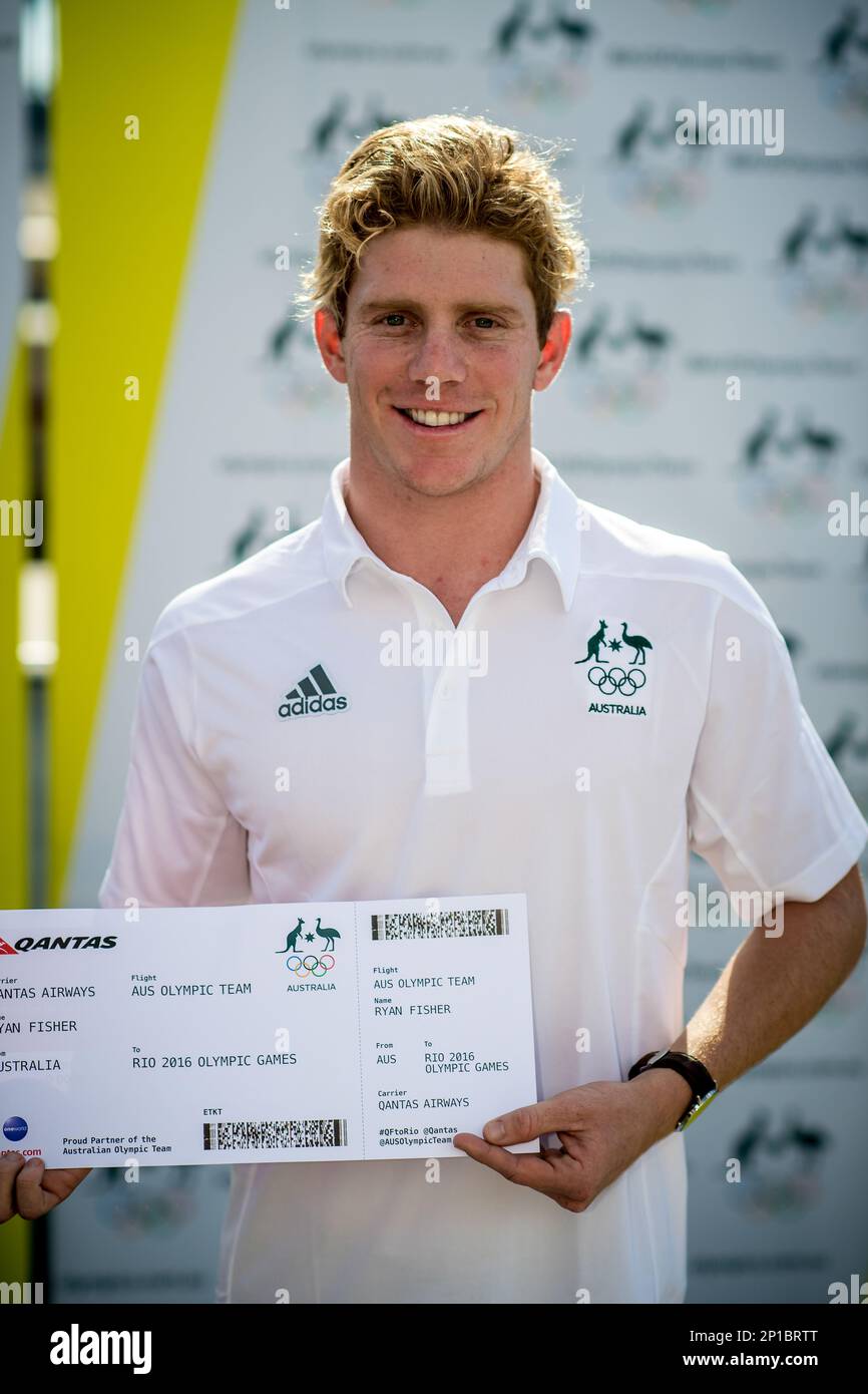 May 23, 2016 : Trialthlete Ryan Fisher poses with his Qantas boarding ...
