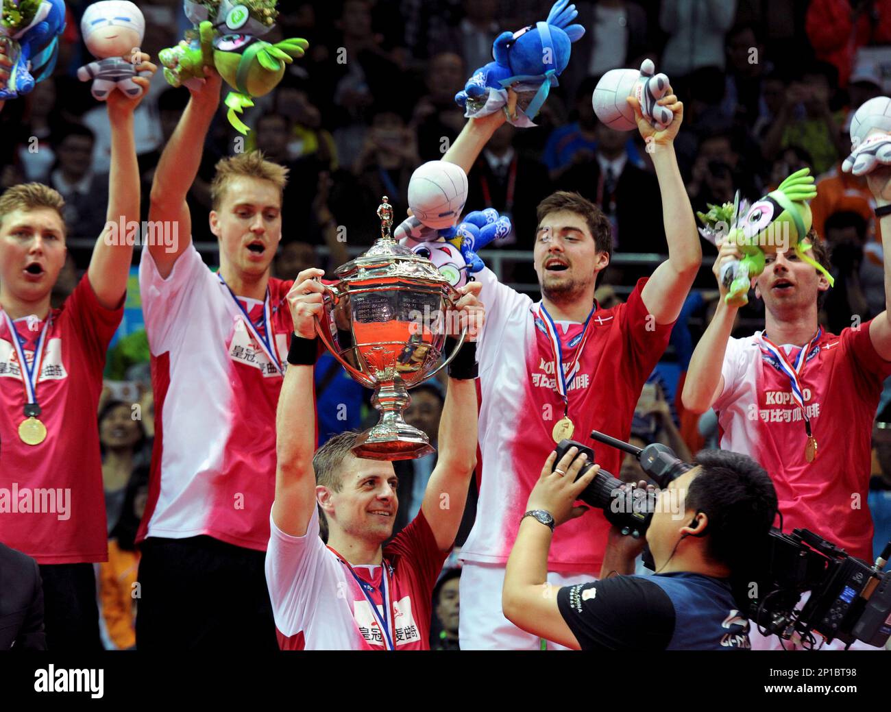 Denmark's players celebrate with the trophy and medals during the award ...