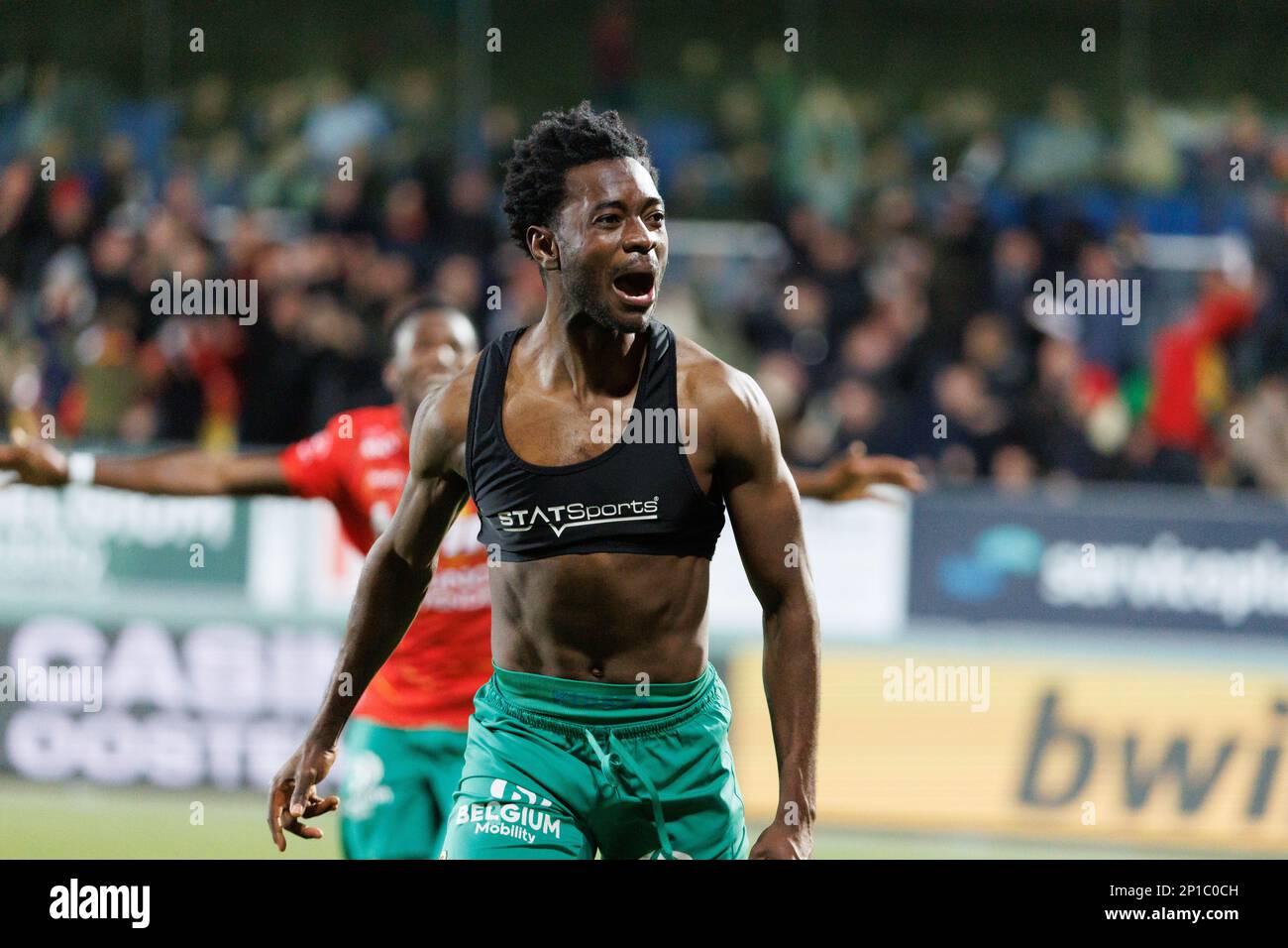 Oostende's David Atanga celebrates after scoring during a soccer match ...