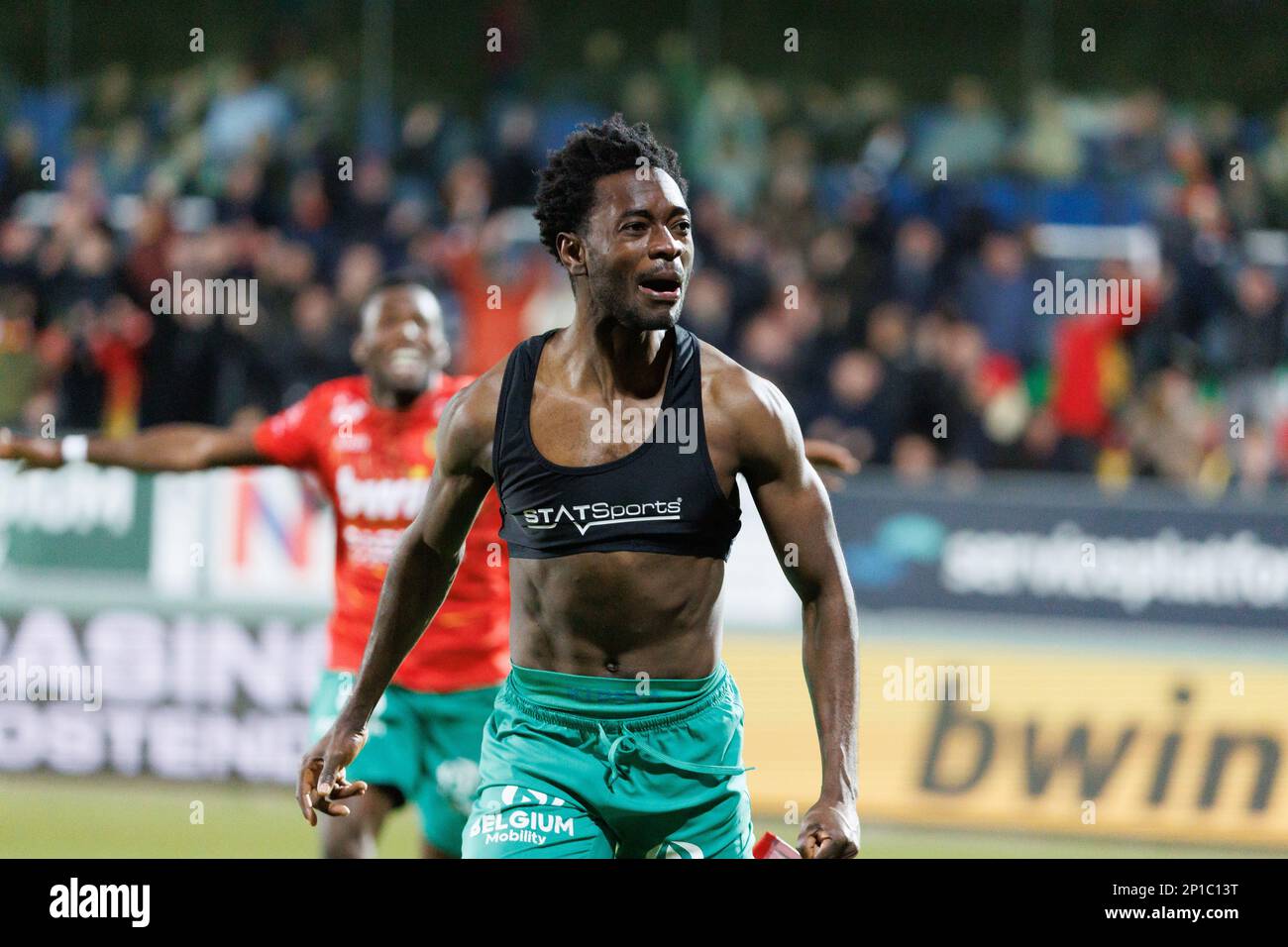 Oostende's David Atanga celebrates after scoring during a soccer match ...