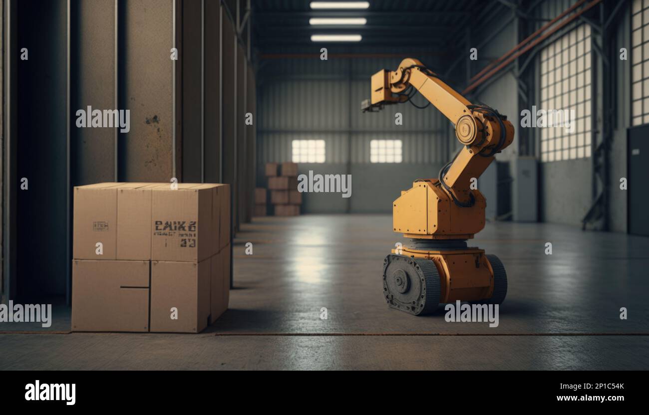 A robot is standing in a warehouse with boxes on the floor and a box on ...