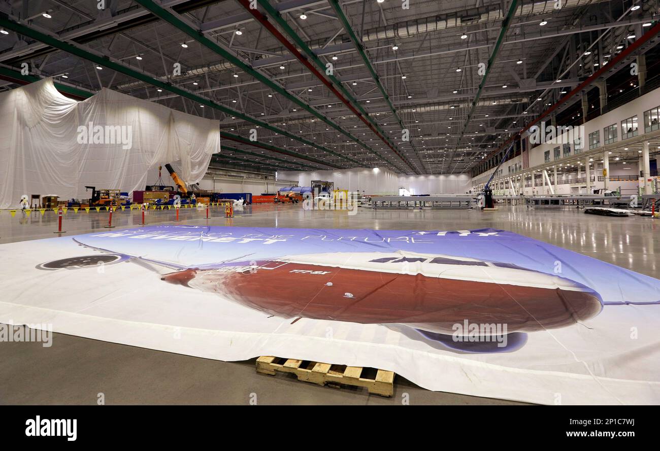 A giant tarp lies on the floor of the new Boeing 777X Composite Wing ...