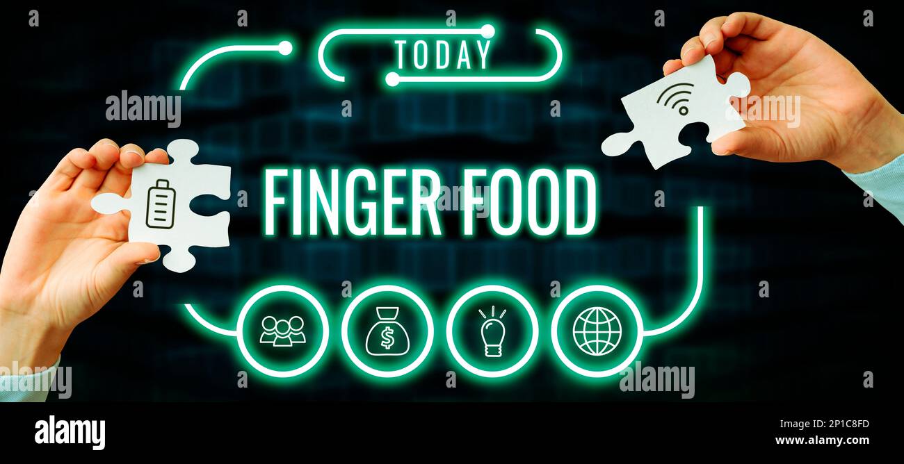 Hand writing sign Finger Food. Business showcase products and ...