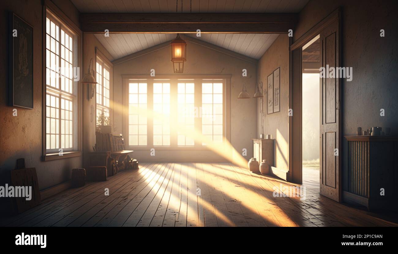 A room with a large window and a light coming in from the window and a ...