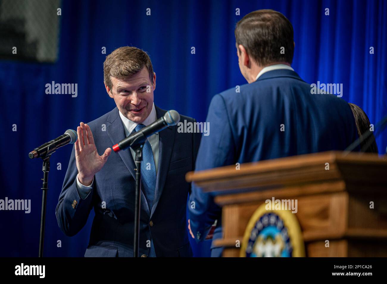 Comptroller Sean Scalon swears in during the state of Connecticut's ...