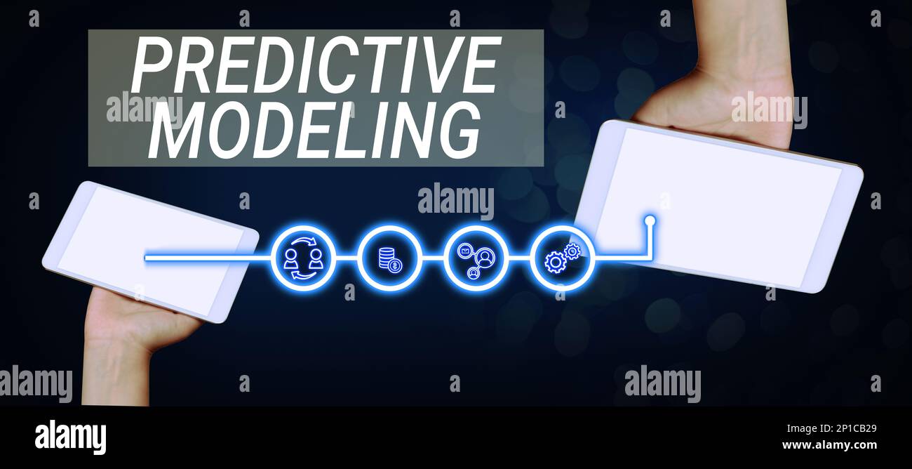 Hand writing sign Predictive Modeling. Business showcase maintenance strategy driven by ...