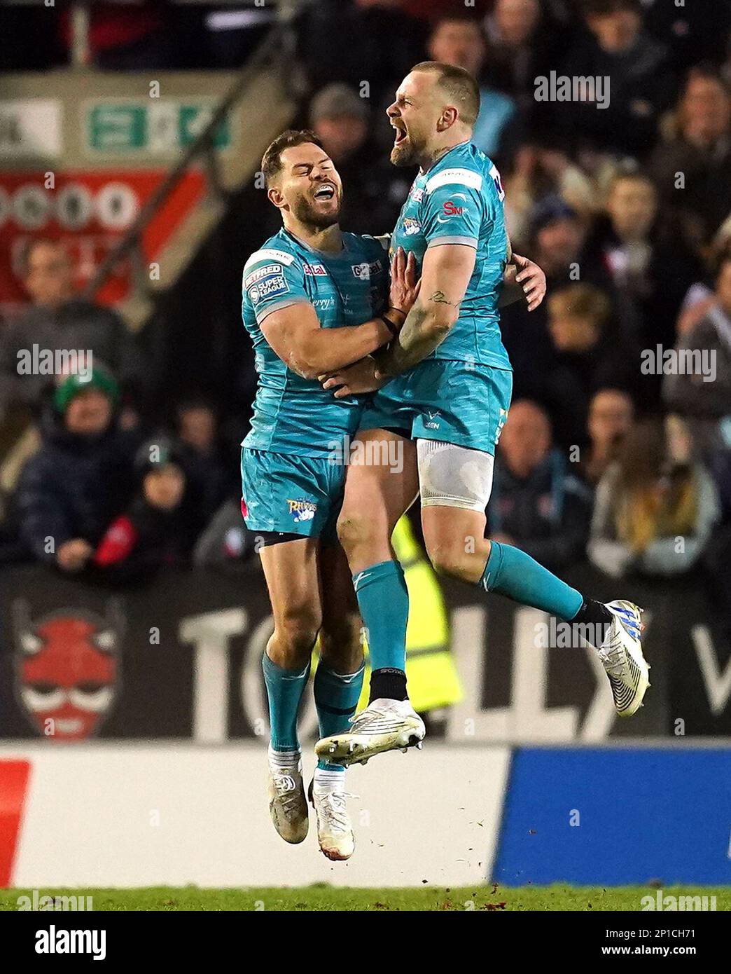 Leeds Rhinos' Blake Austin (right) celebrates scoring a golden point ...