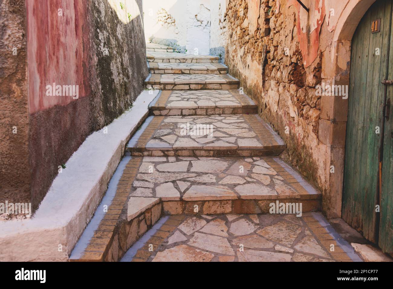Beautiful view of Lakones streets and houses, traditional greek village ...