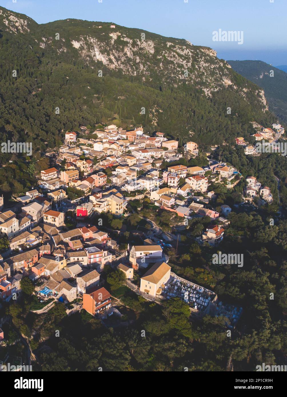 Beautiful aerial drone view of Lakones Village, traditional greek ...