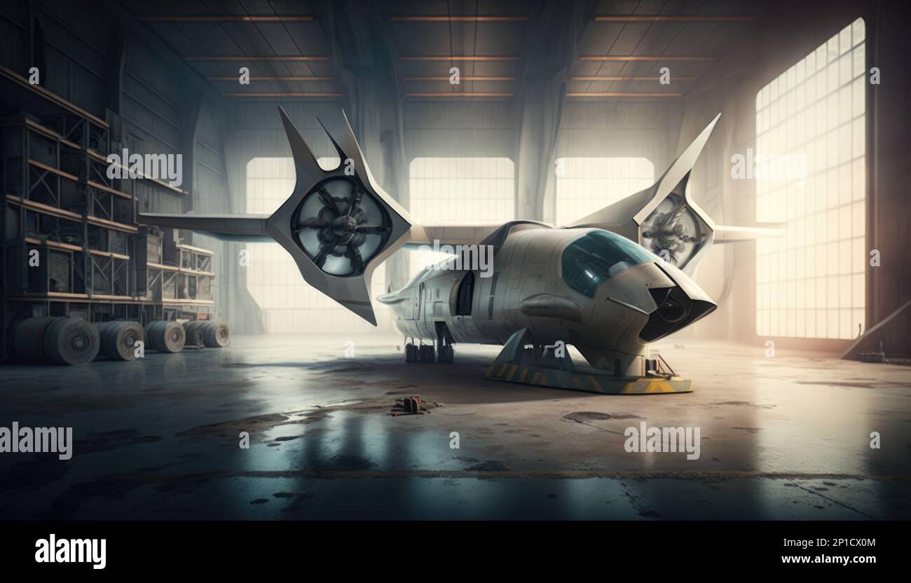 A futuristic looking airplane in a warehouse with a large window and a ...