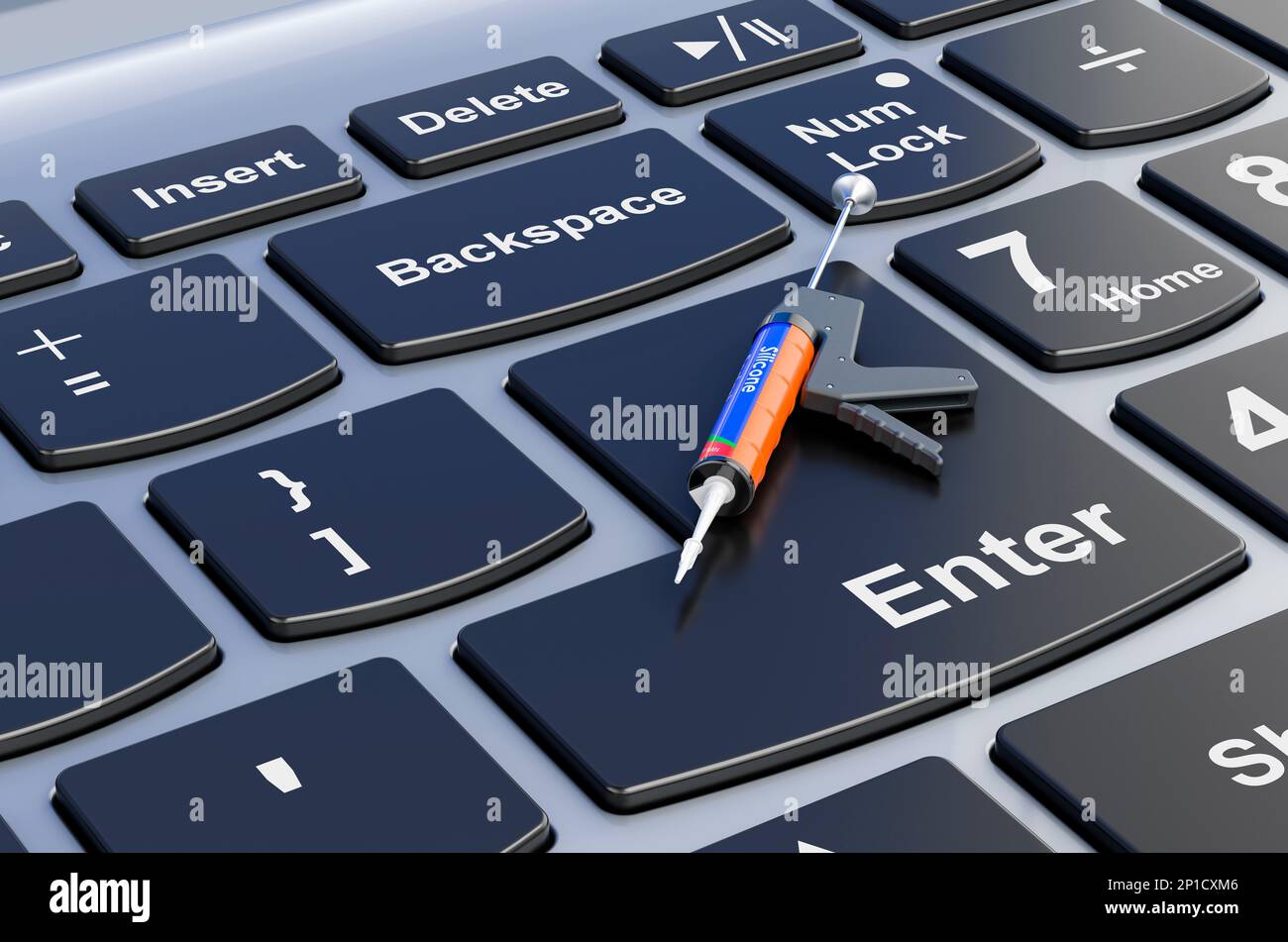 Sealant gun with silicone sealant tube on laptop keyboard, 3D rendering ...