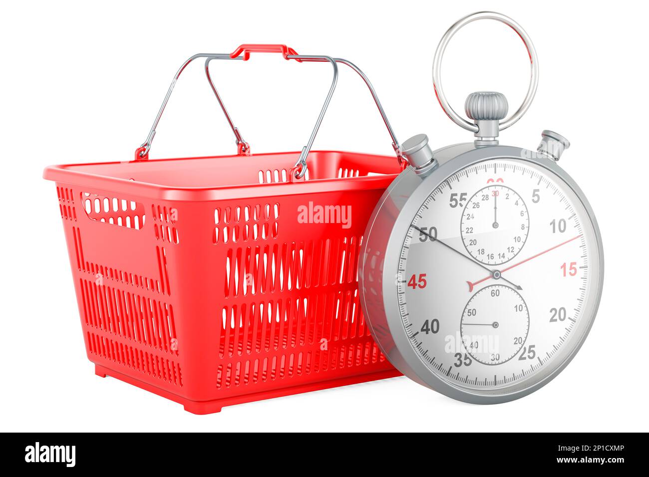 Shopping basket with stopwatch, 3d rendering isolated on white ...