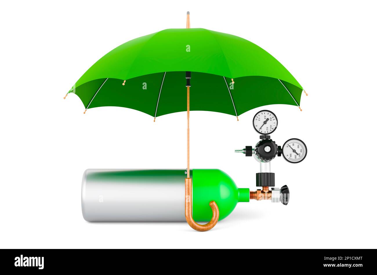 Oxygen tank, gas cylinder under umbrella, 3D rendering isolated on ...