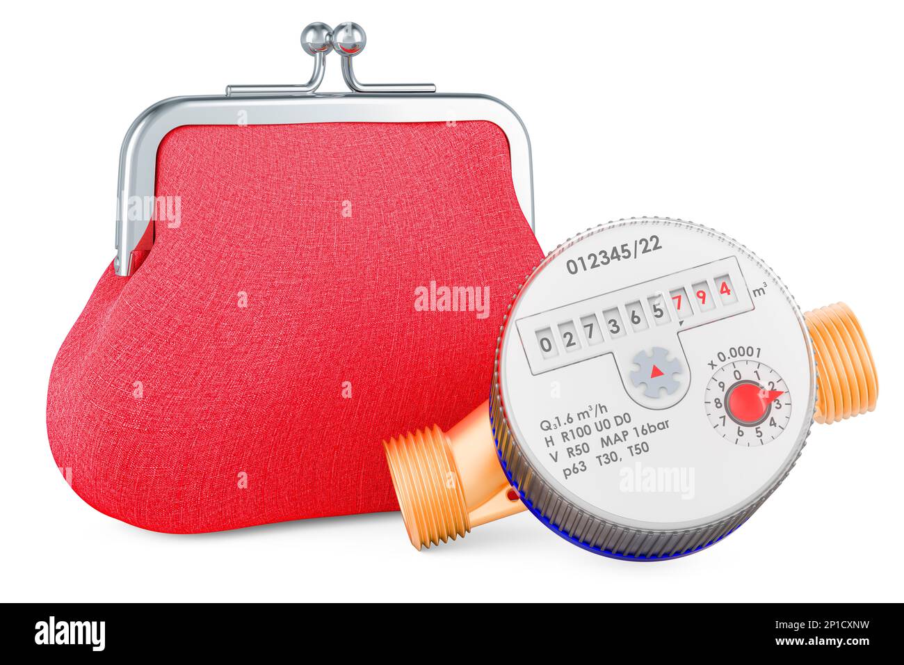 Water meter with purse coin. Water consumption, cost of utilities and ...
