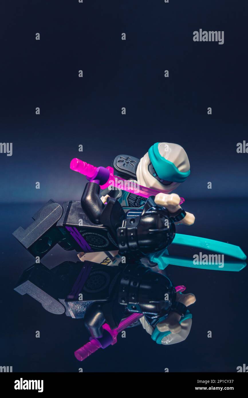 Lego ninjago minifigures fight with black background and reflection ...