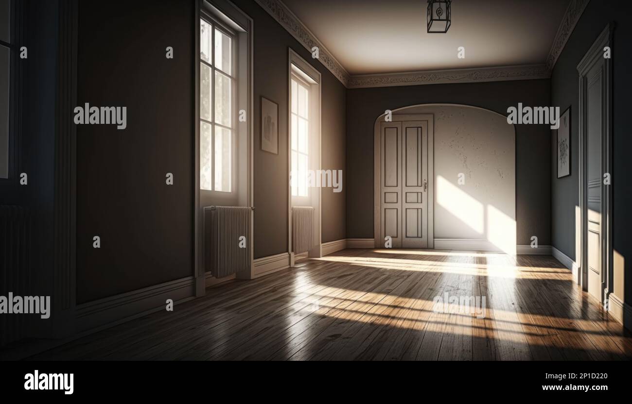 A room with a door and a window with a light coming in from it and a ...