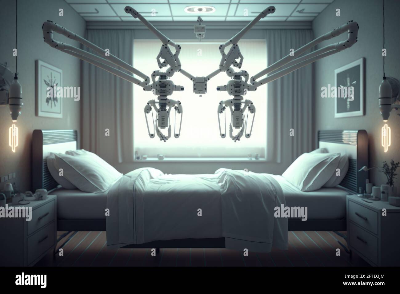 A room with a bed and a robot in it's arms and a window cybernetics an ...