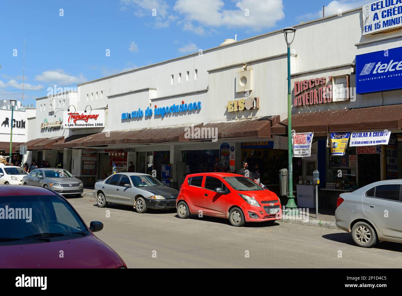 Retail stores and restaurants in the shopping district in Hermosillo ...