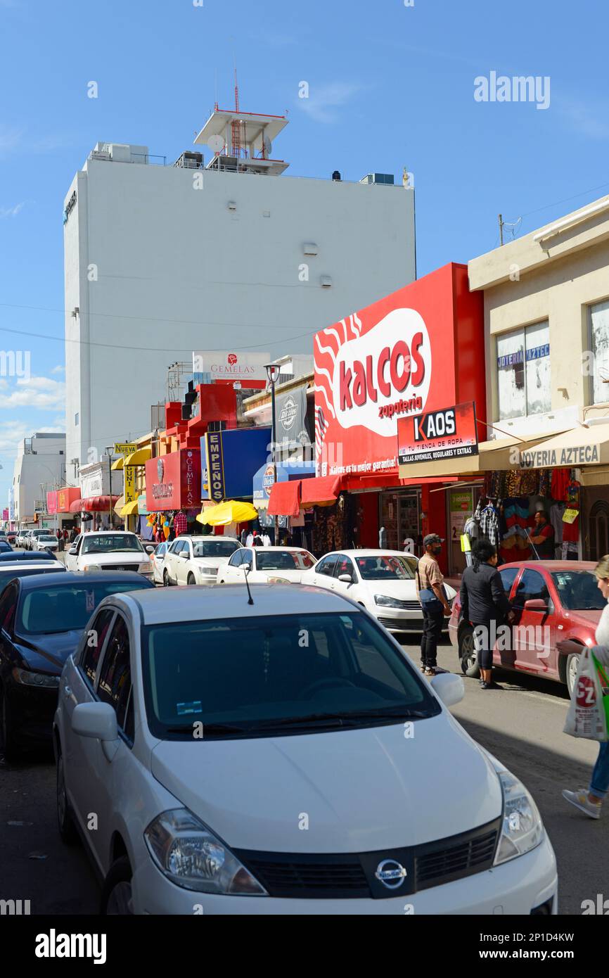 Retail stores and restaurants in the shopping district in Hermosillo ...