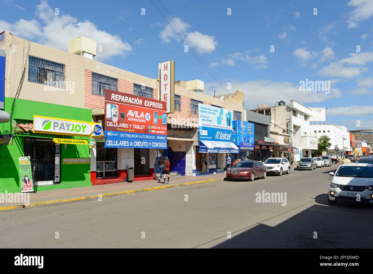 Retail stores and restaurants in the shopping district in Hermosillo ...