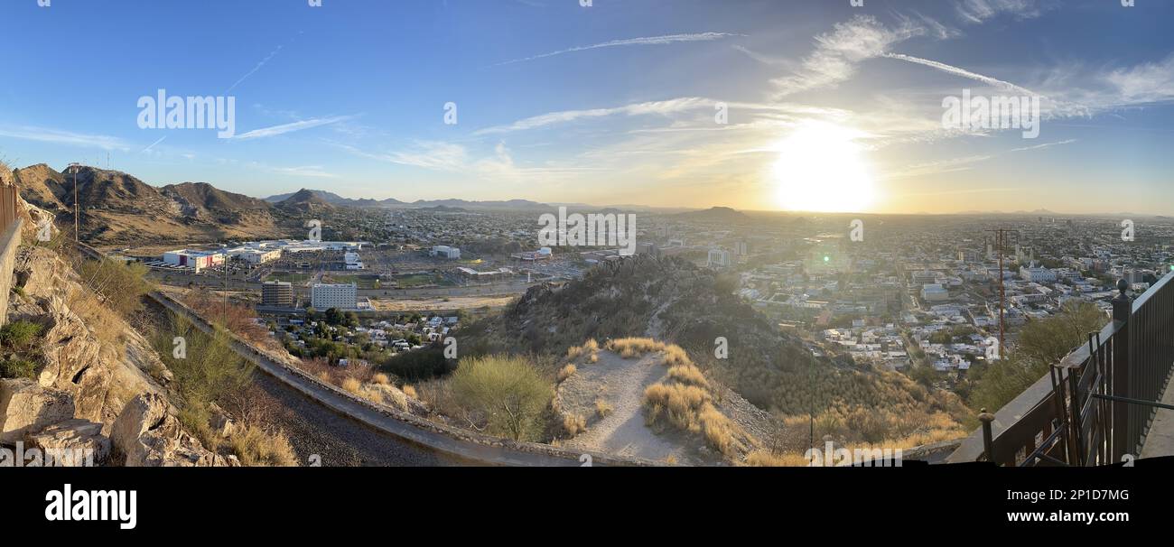 View of Hermosillo City from the top of Cerro de la Campana at sundown ...
