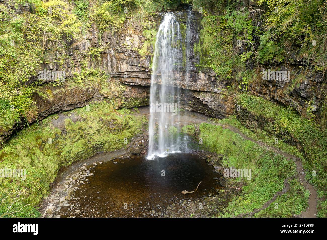 Aerial view of a beautiful waterfall in the Brecon Beacons (Henrhyd ...