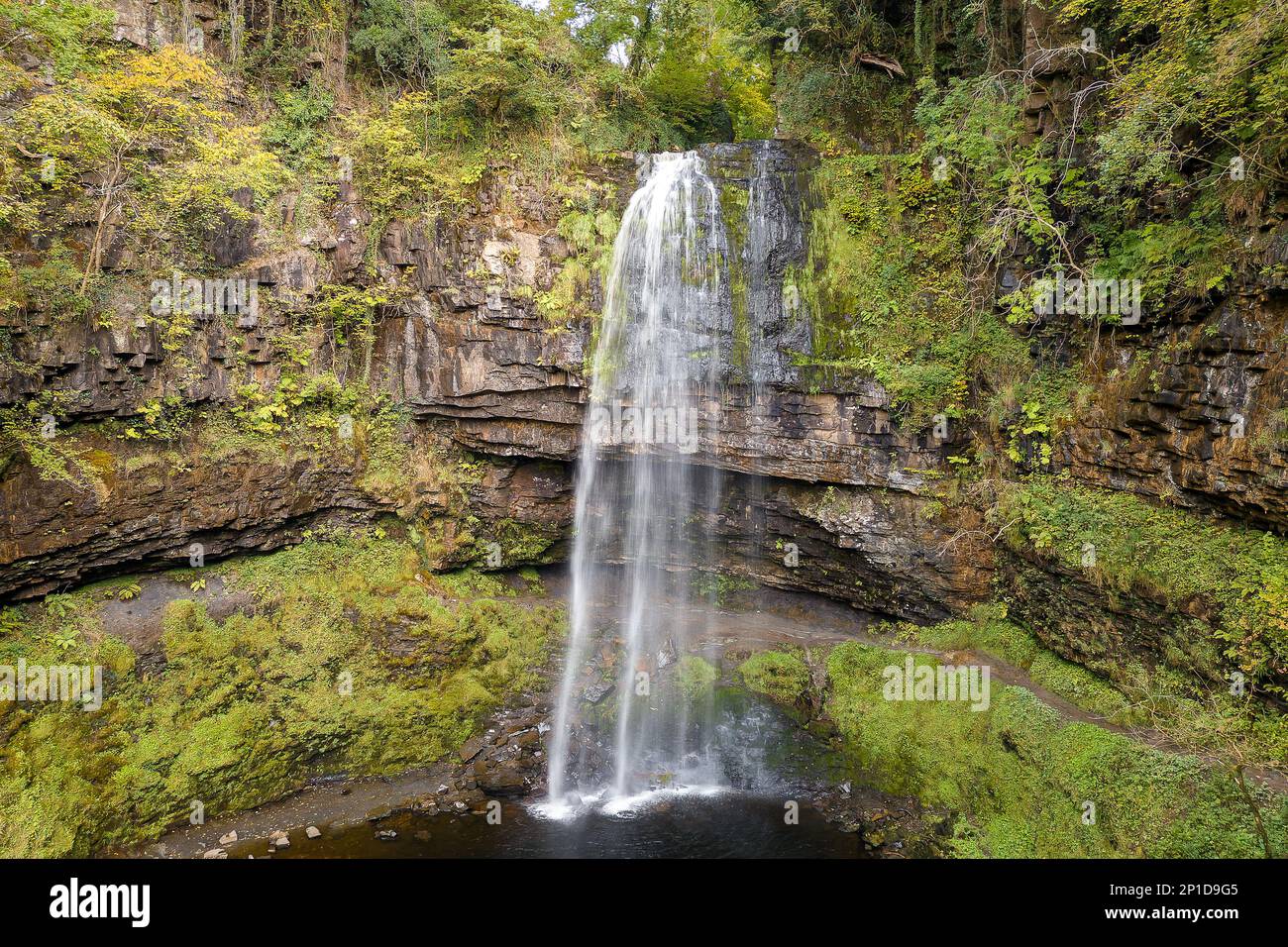 Aerial view of a beautiful waterfall in the Brecon Beacons (Henrhyd ...
