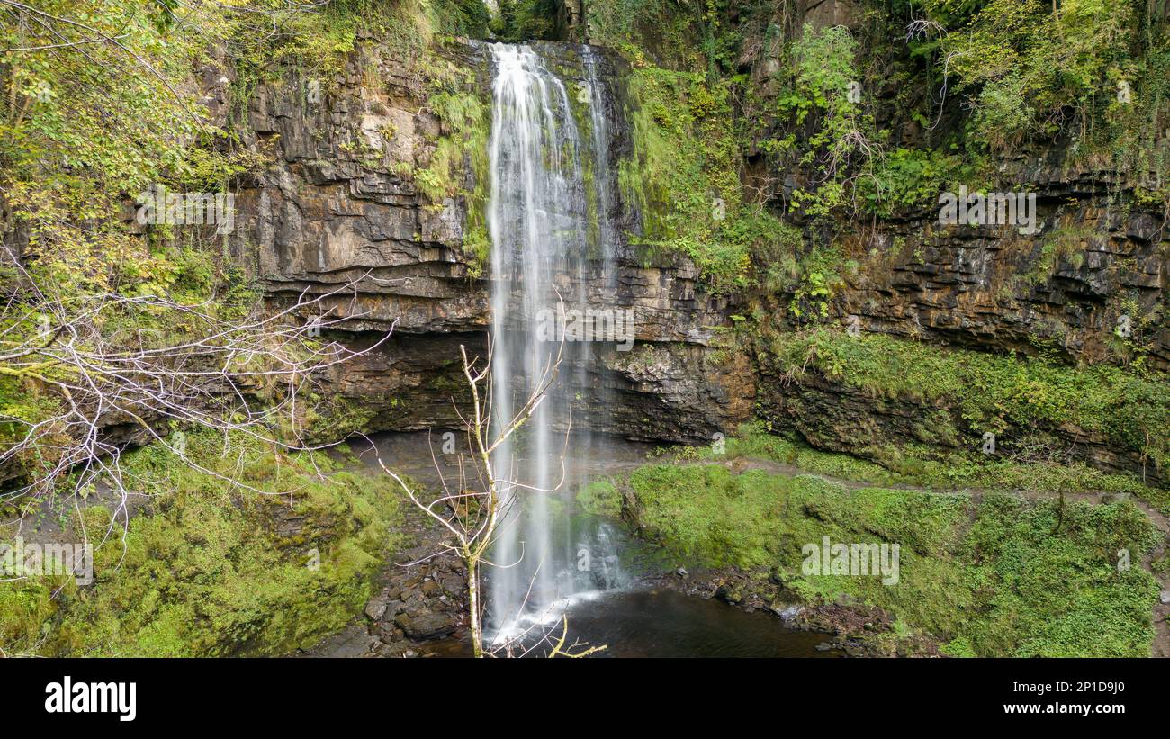 Aerial view of a beautiful waterfall in the Brecon Beacons (Henrhyd ...