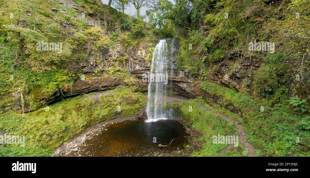 Aerial view of a beautiful waterfall in the Brecon Beacons (Henrhyd ...