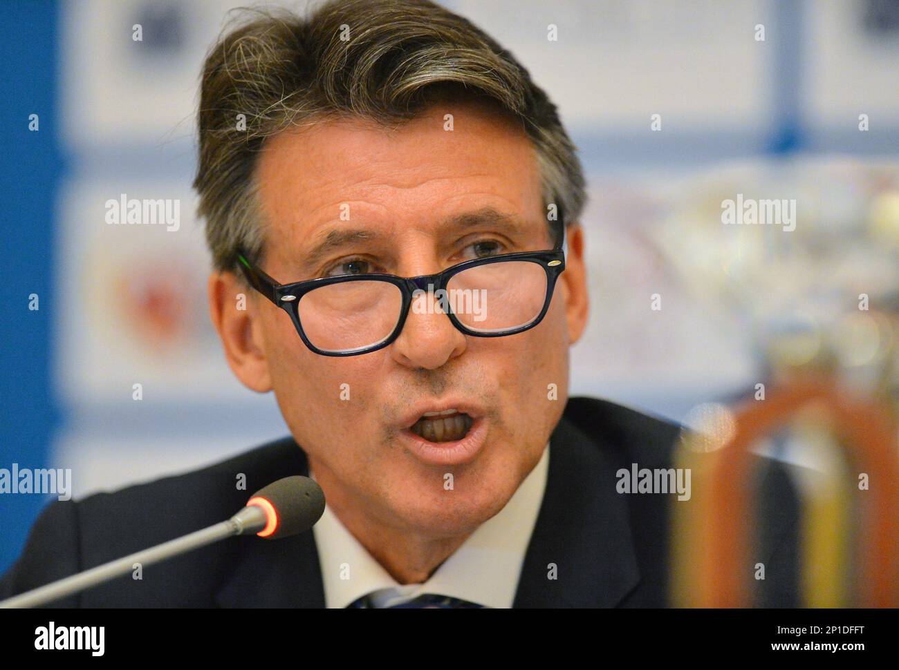 IAAF president Sebastian Coe (GBR) speaks at a press conference prior ...