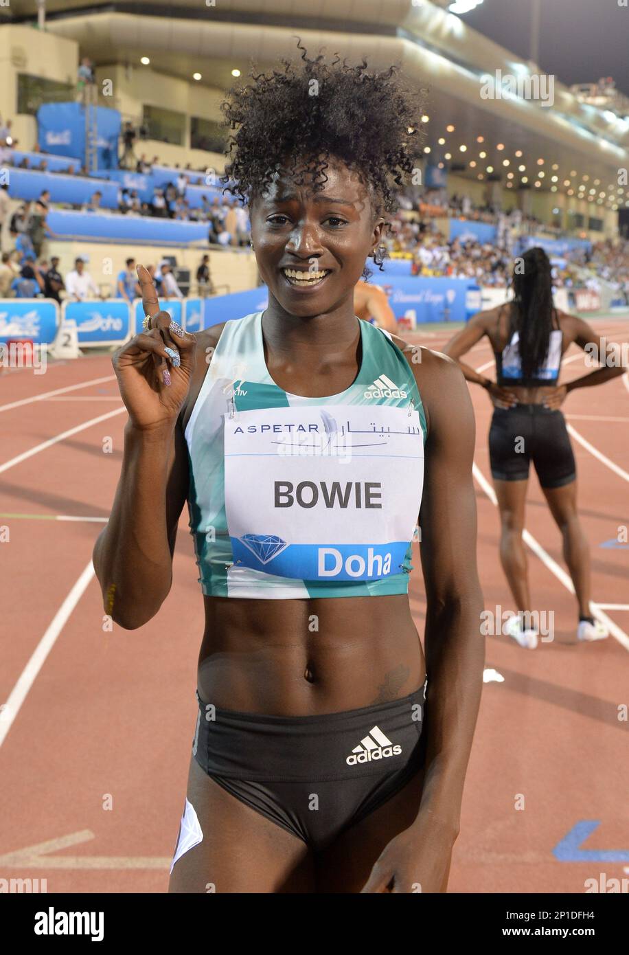 Tori Bowie (USA) reacts after winning the women's 100m in 10.80 during ...