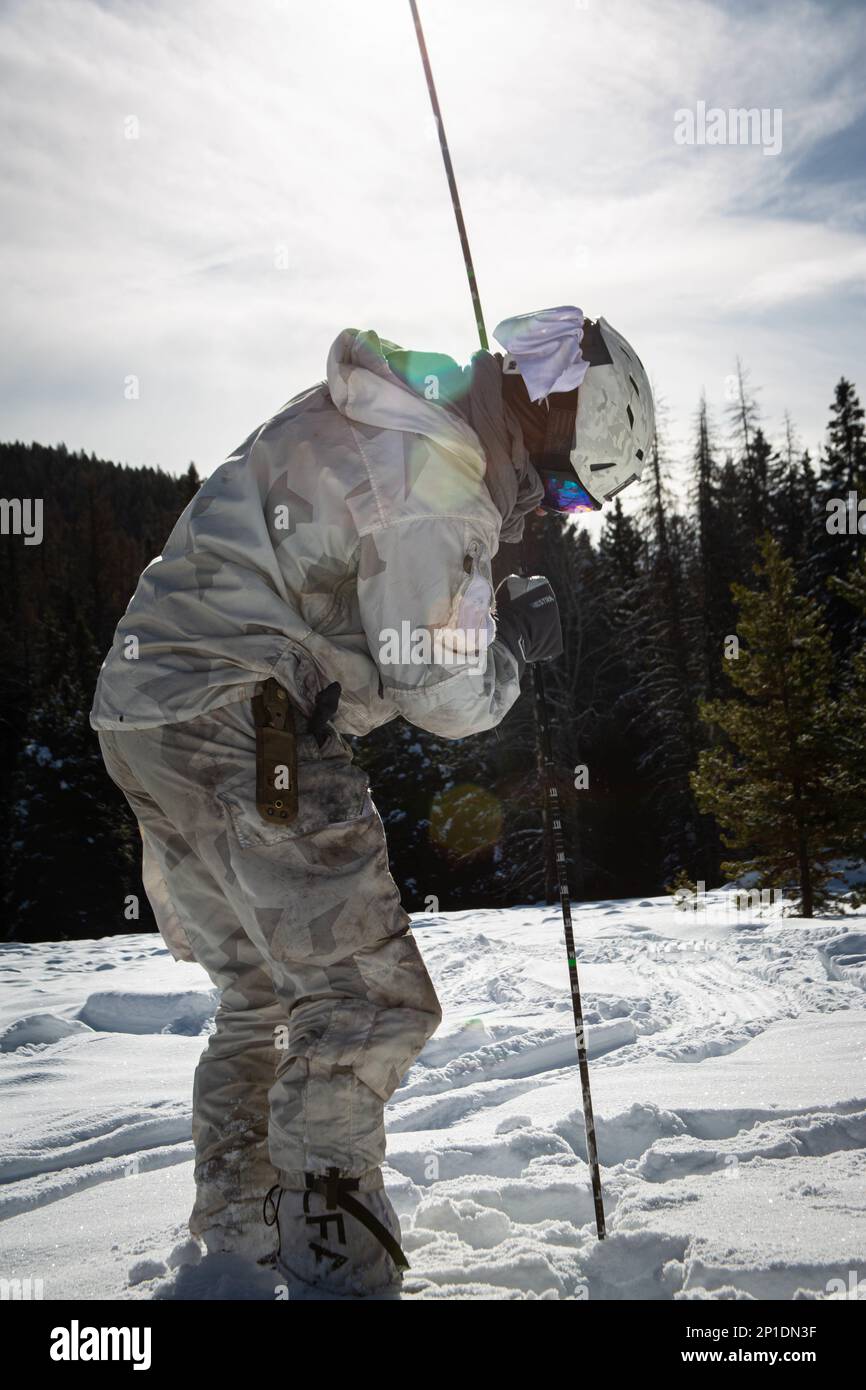 A 10th Special Forces Group (Airborne) Green Beret practices avalanche ...