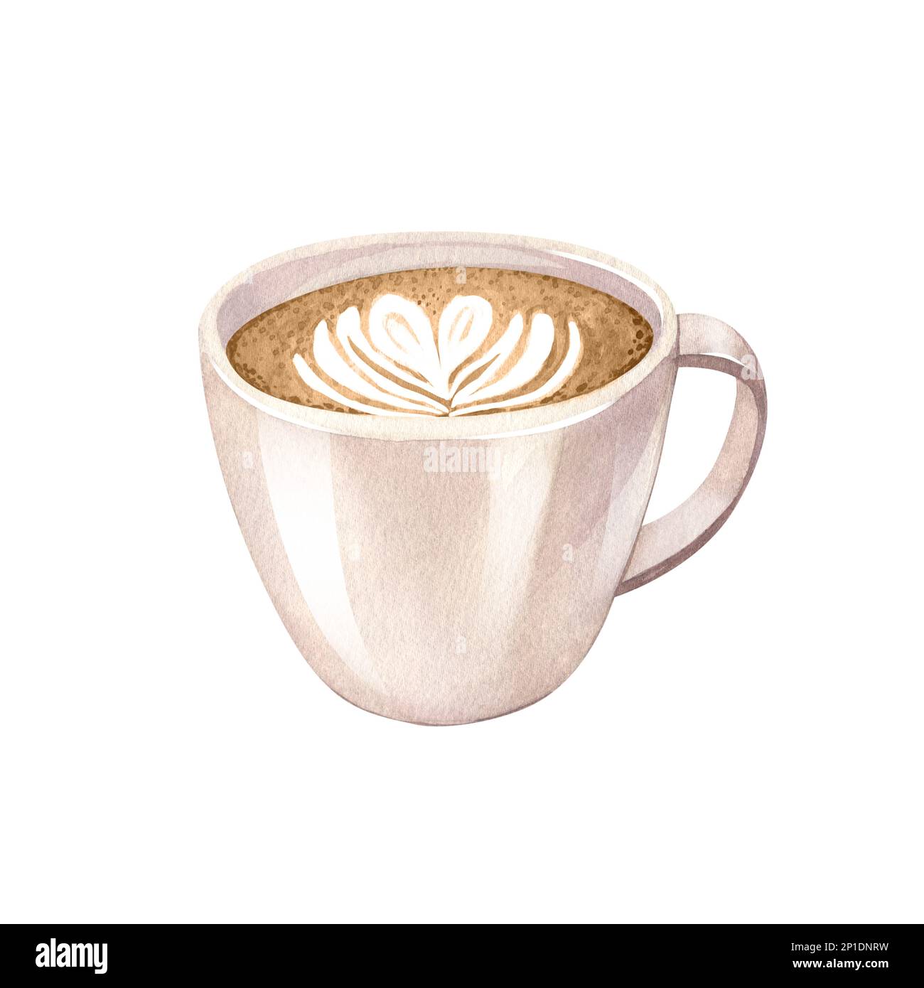 Watercolor hot coffee latte cappuccino with froth, decorated with heart ...