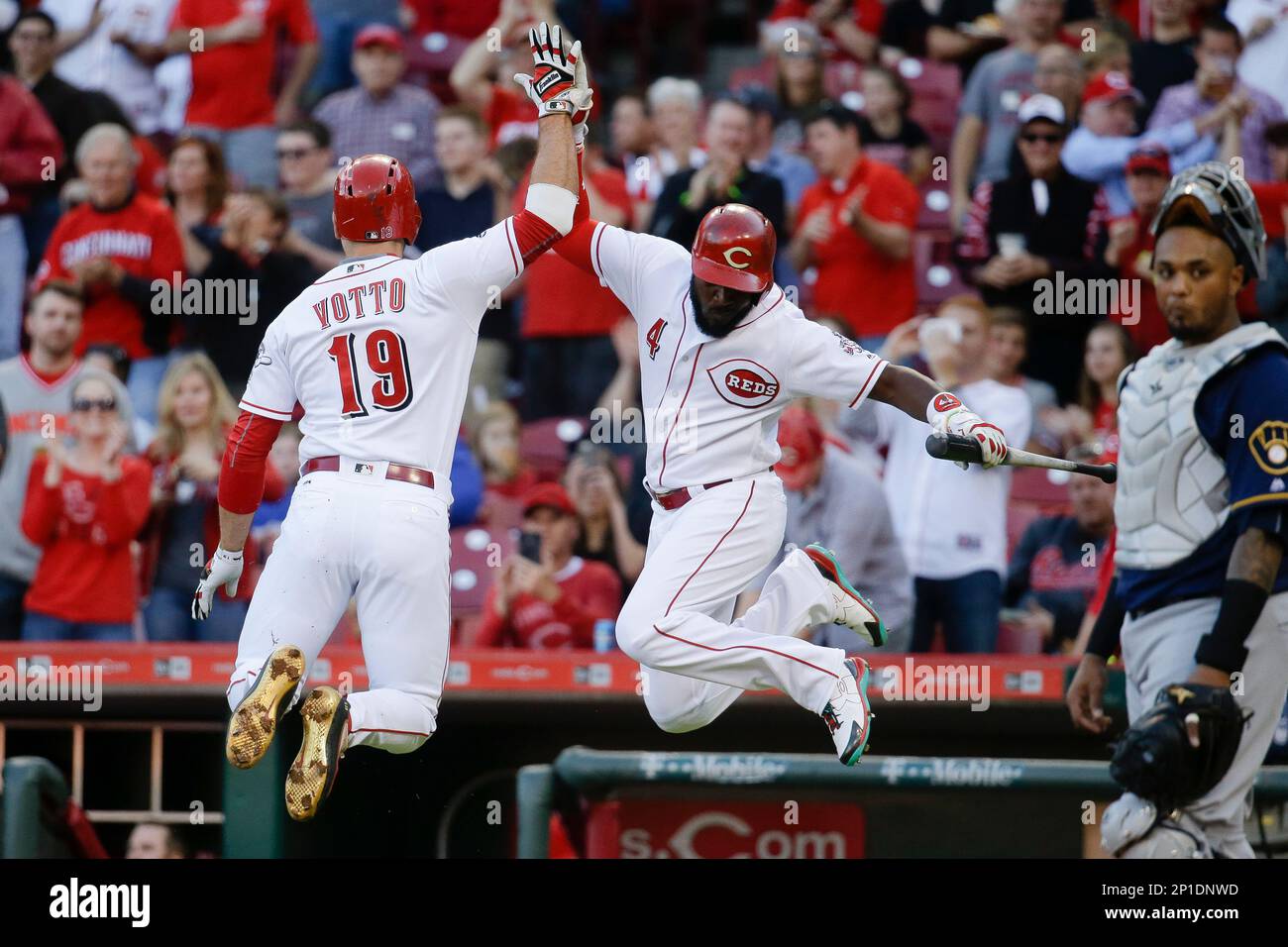 Cincinnati Reds' Joey Votto (19) celebrates with teammate Brandon ...